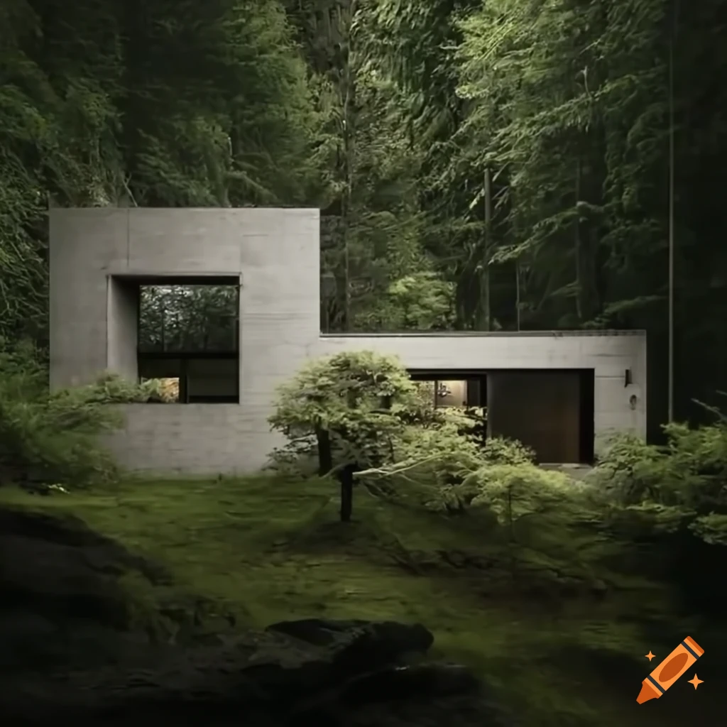 3d printed eco-brutalist concrete house in a forest