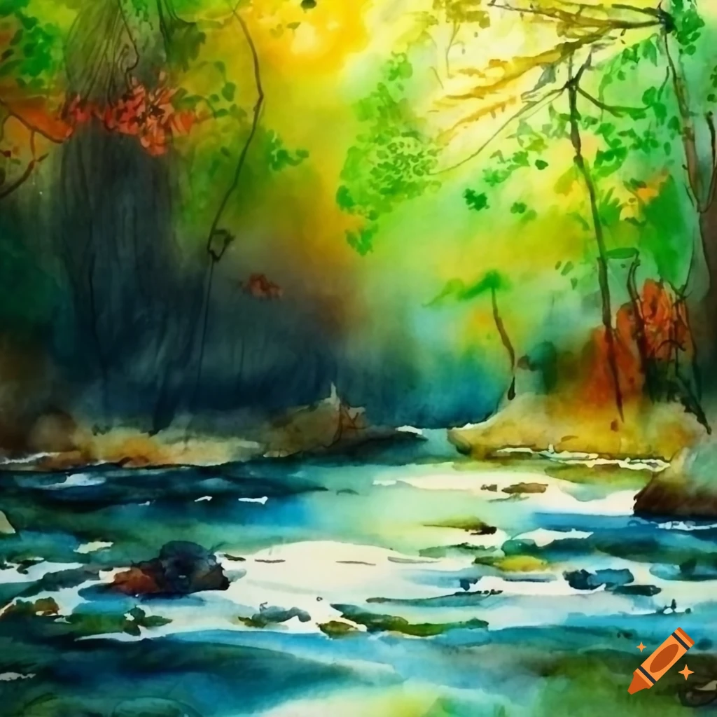 Aquarelle painting of a river in a forest
