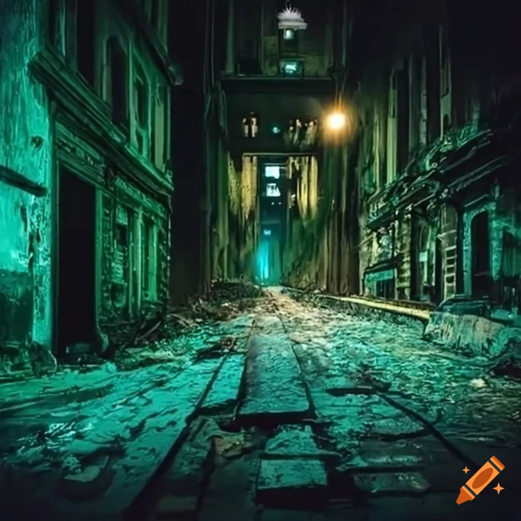 View of an abandoned city through green night vision goggles