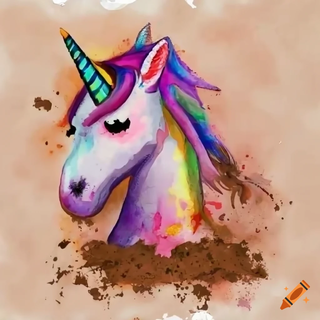 Colorful unicorn sinking into mud
