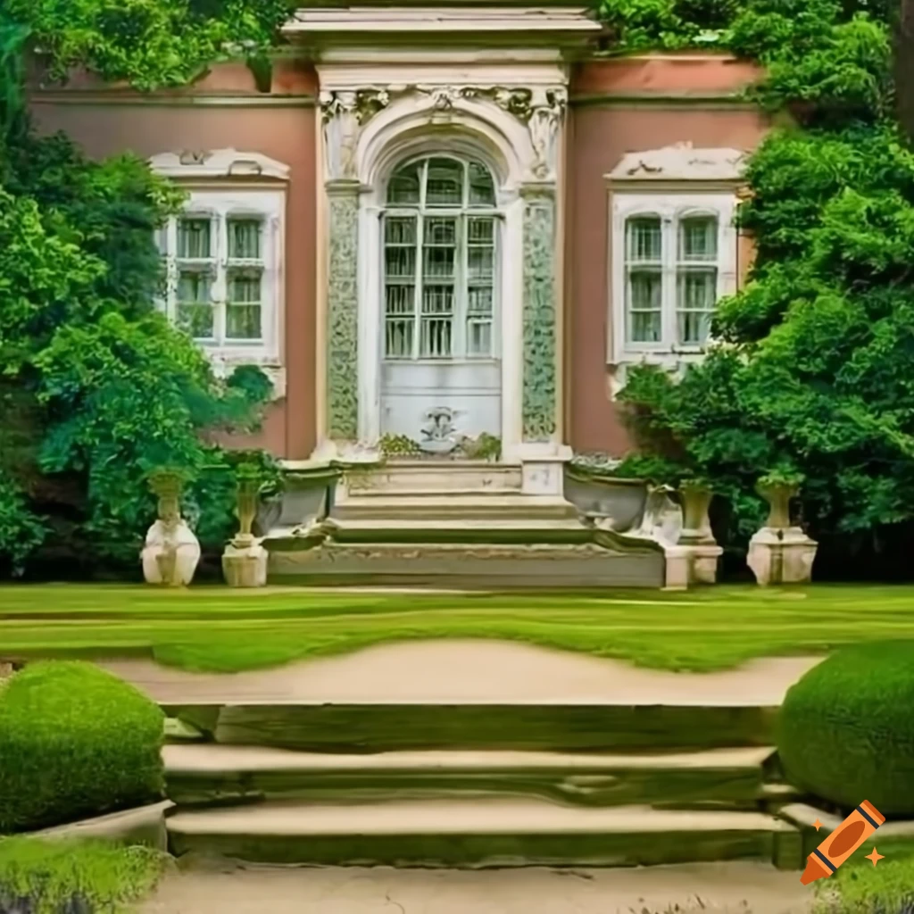 Stunning rococo stucco entrance in a leafy garden on Craiyon