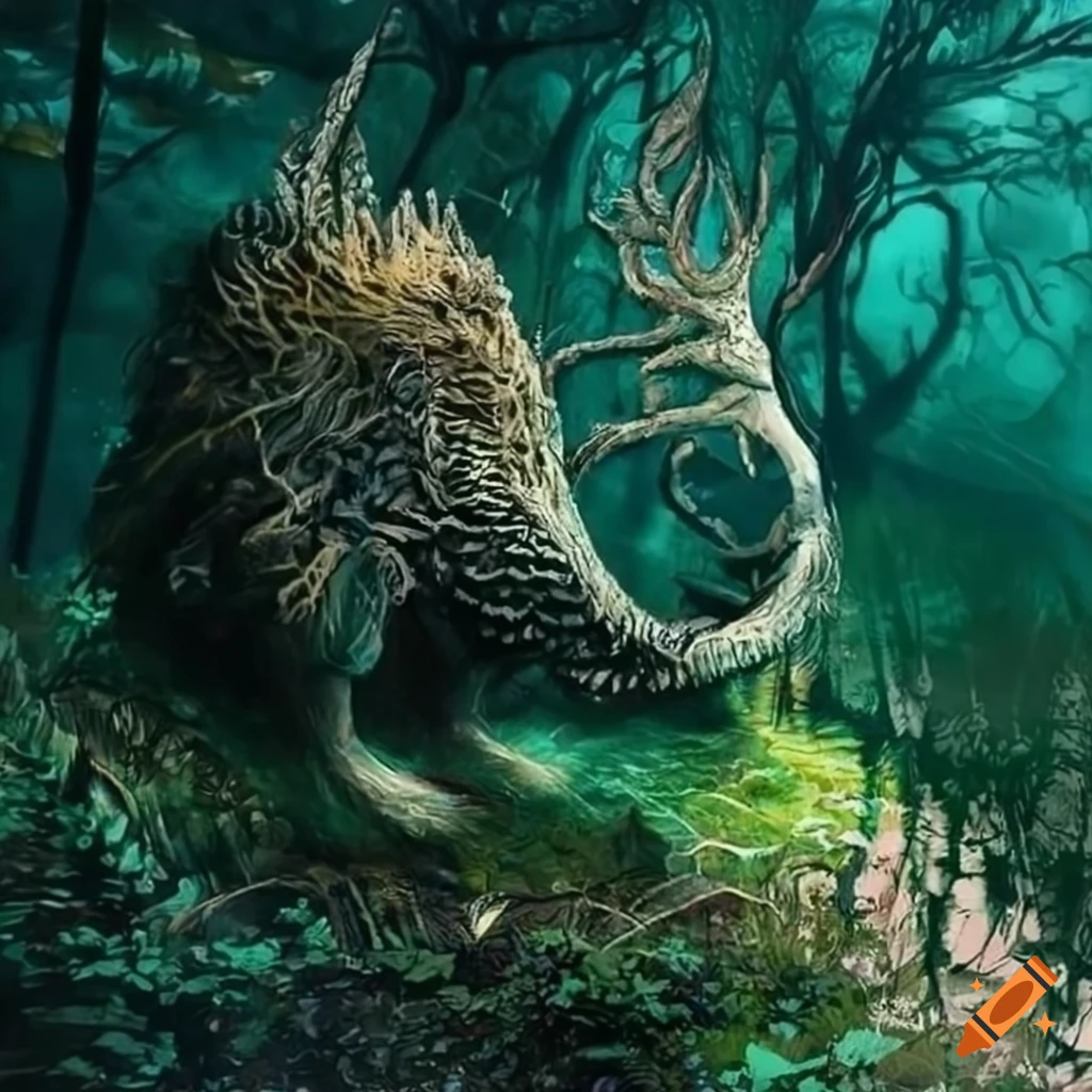 Artwork of a mythical being in a magical forest on Craiyon