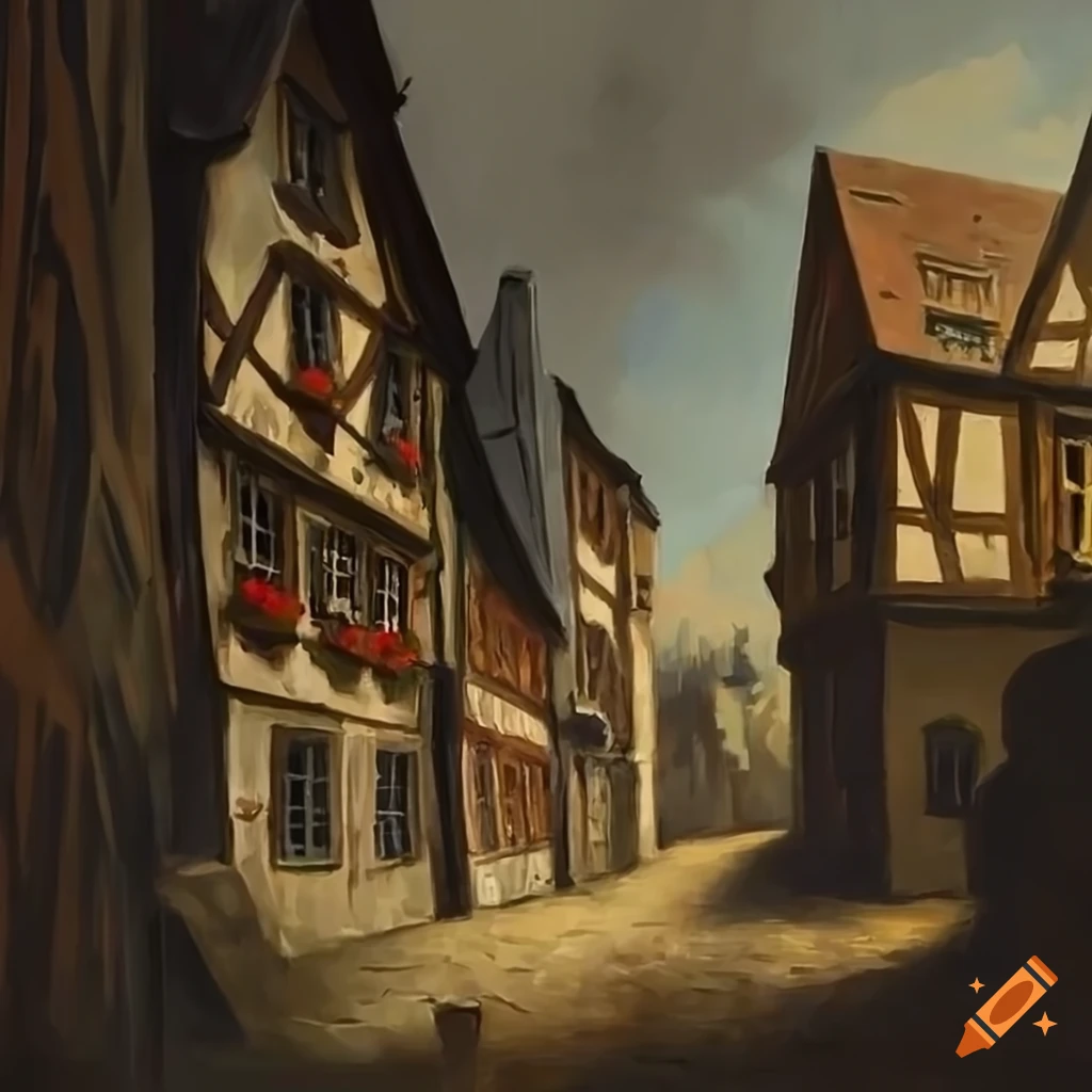 Baroque painting of an alley with houses and a tavern on Craiyon