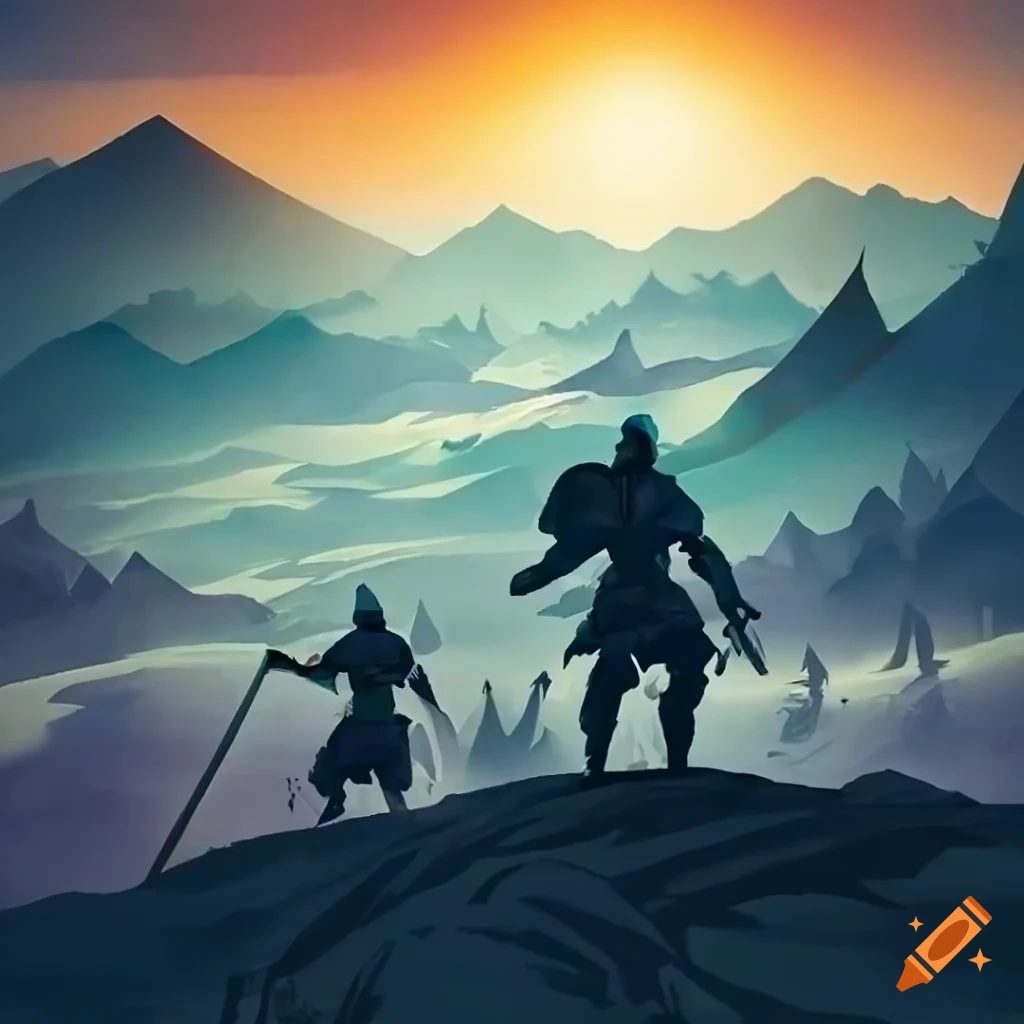 Epic warriors walking through the mountains after battle on Craiyon