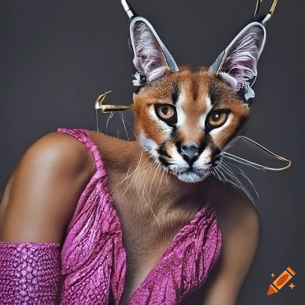 Hyperrealistic depiction of a caracal in stylish attire on Craiyon