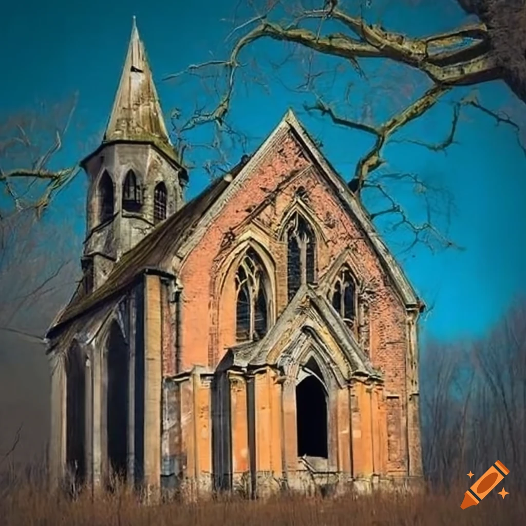Image of an abandoned church with a sycamore tree on Craiyon