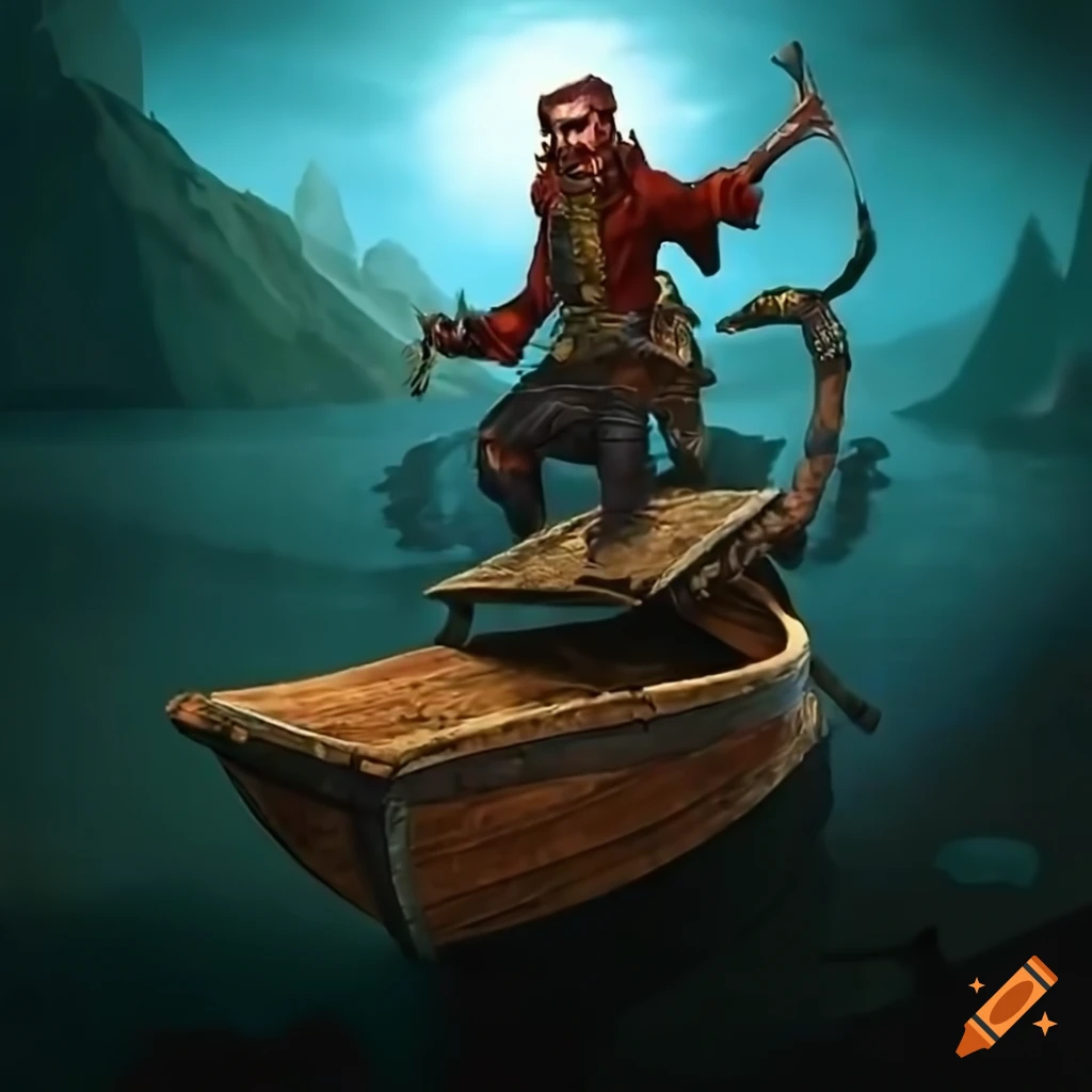 Legendary warrior heroes on mystical boats navigating a stormy river on ...