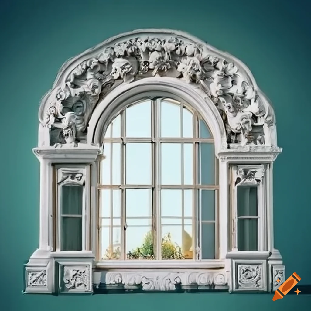 Neoclassical white palace window with stucco ornaments