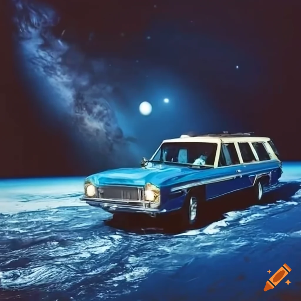 Nostalgic black cat driving a blue car in space on Craiyon