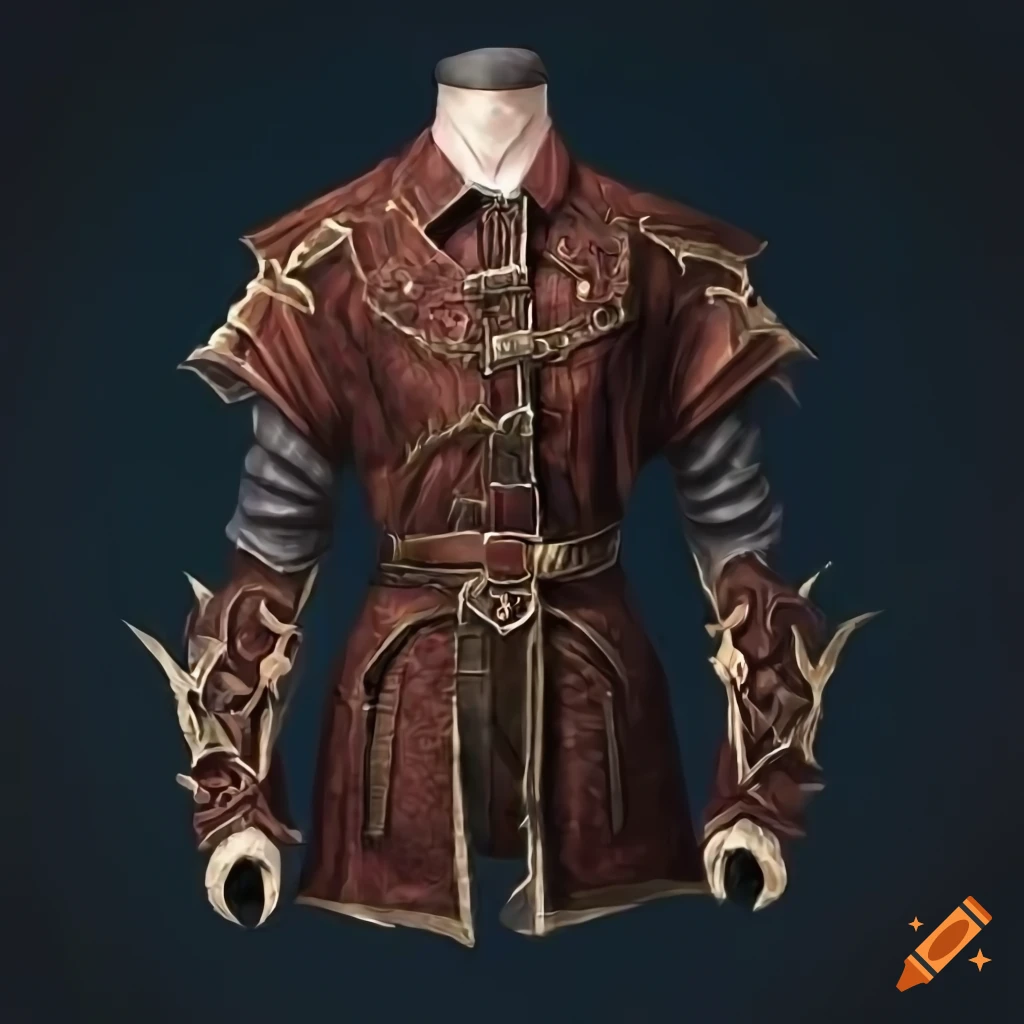 Intricately designed clothing and belts for a fantasy male character
