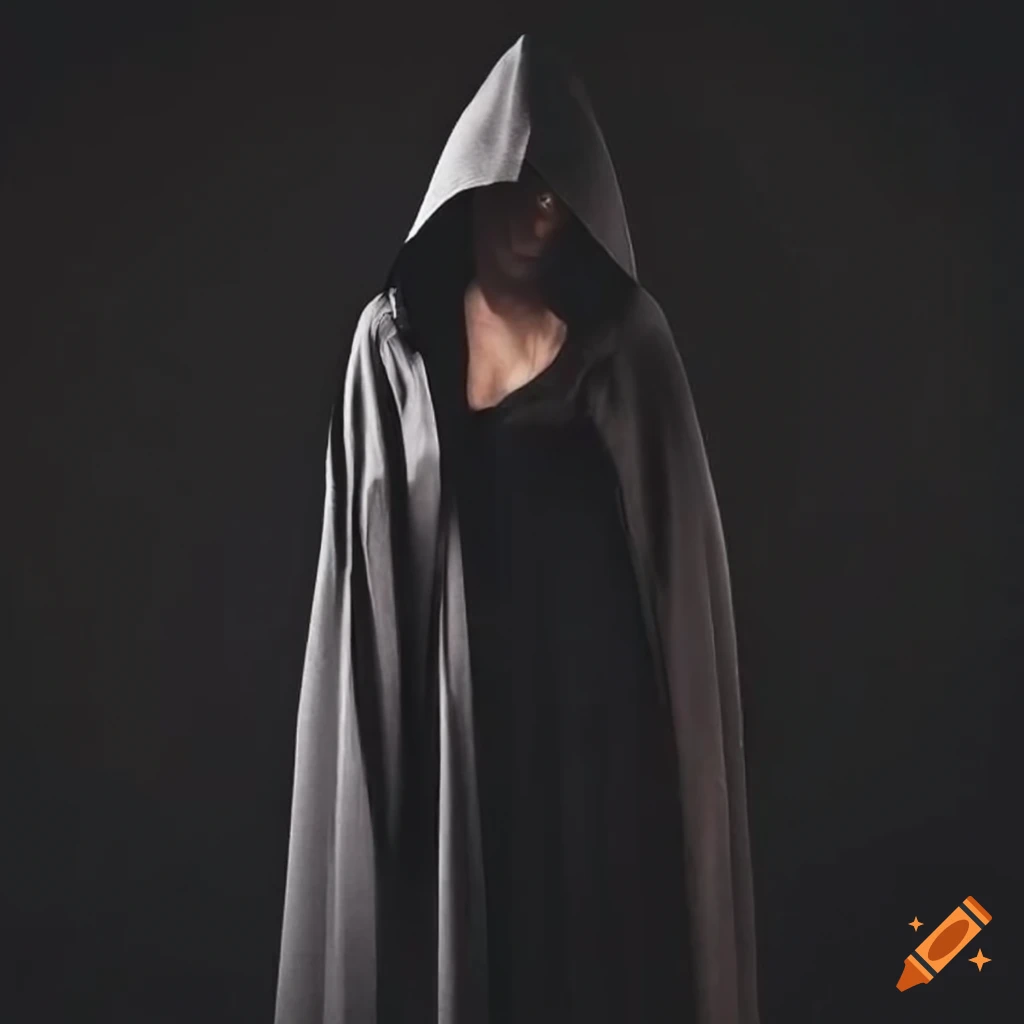 Ominous figure in black hooded shroud floating with arms spread on Craiyon