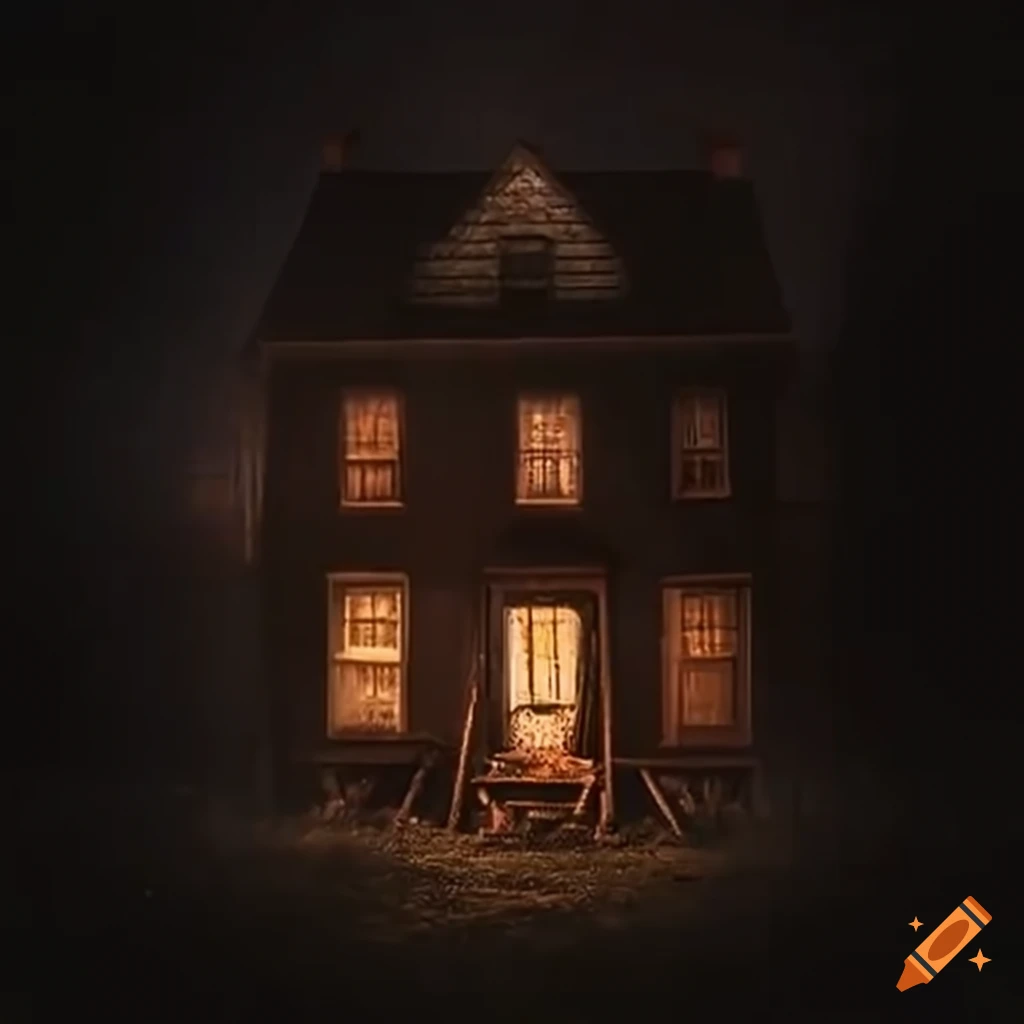 Creepy horror house at night with lights on on Craiyon