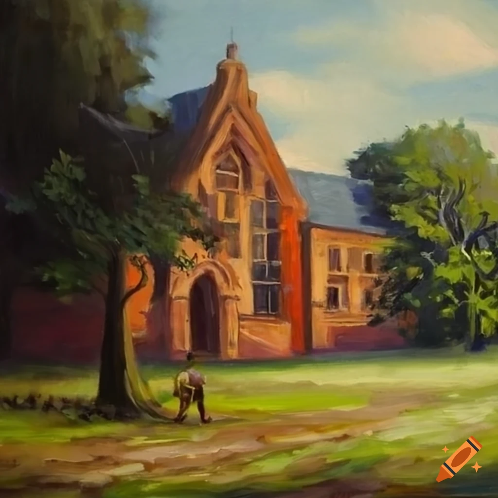 Oil painting of a school grounds on Craiyon