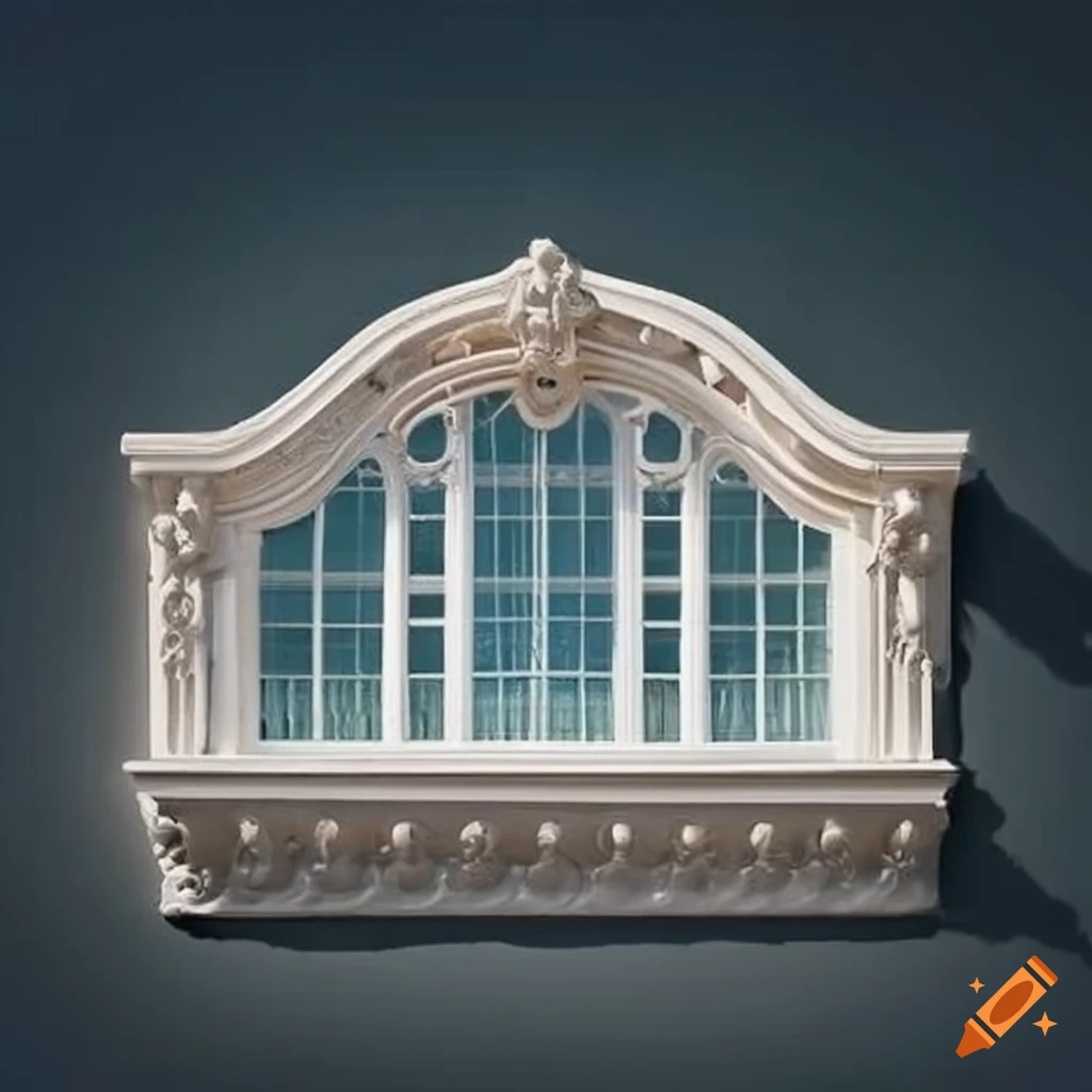 Stucco ornaments on a white palace window balcony