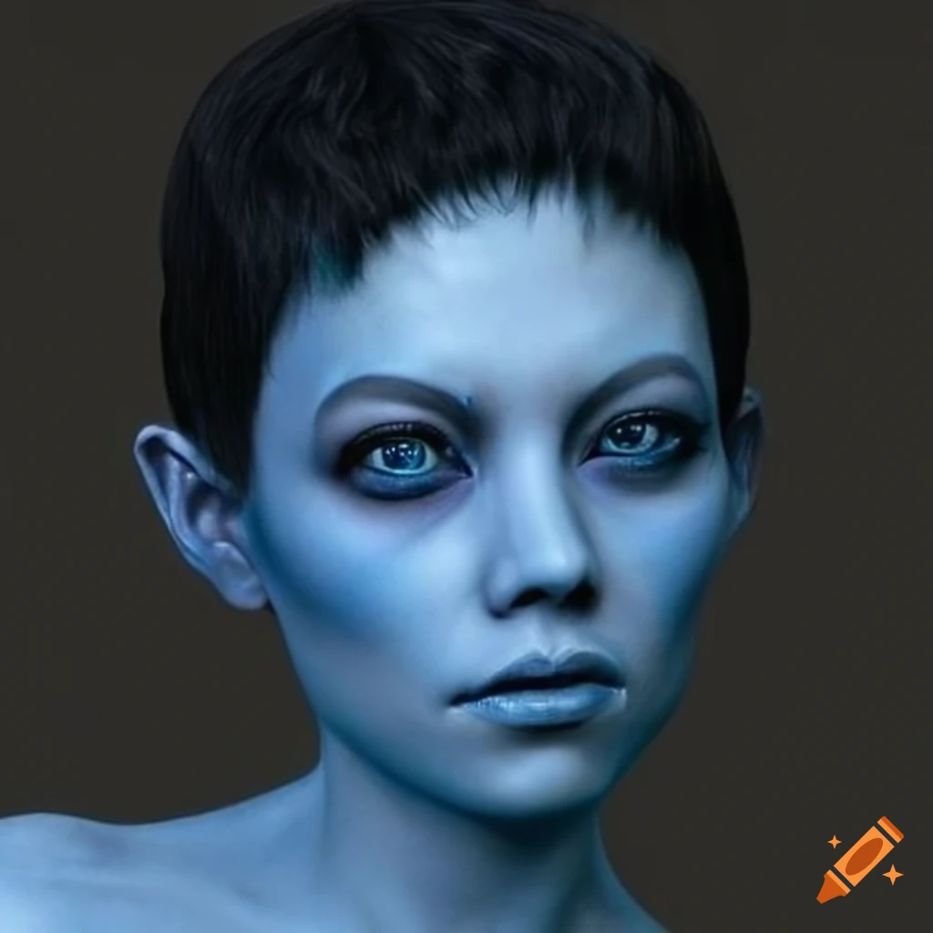 Artwork of a blue-skinned alien woman with short black hair on Craiyon