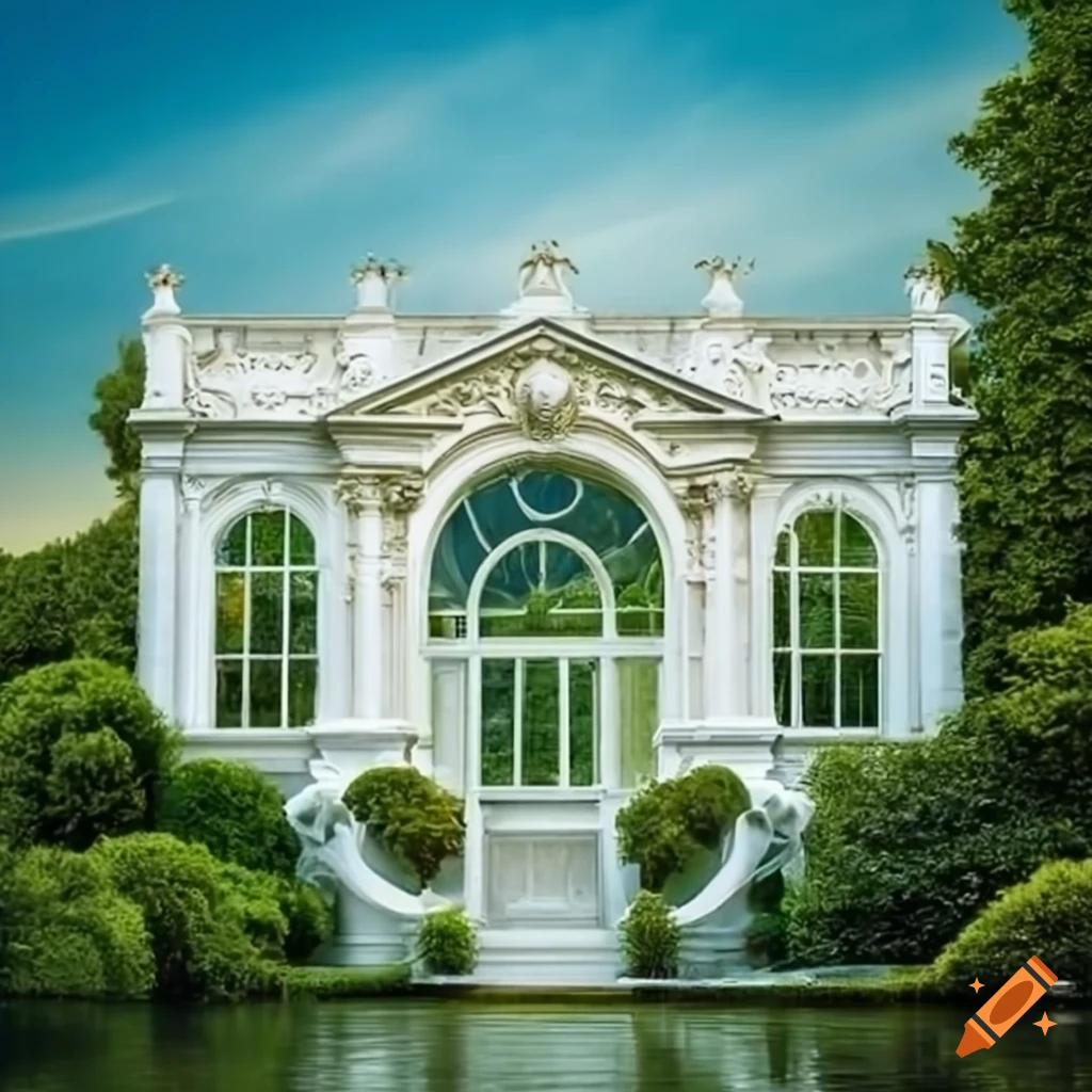 Luxurious rococo stairway in a white garden on Craiyon