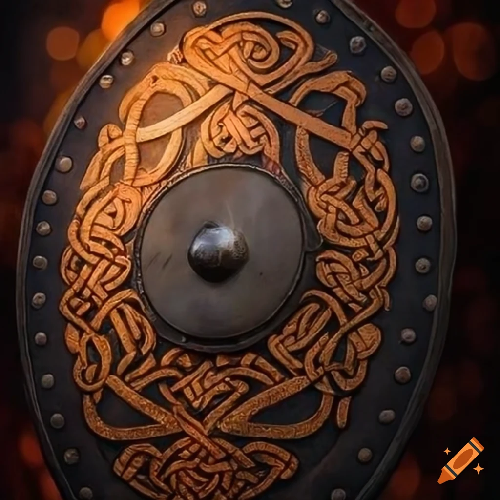 Celtic ornaments on a flaming shield on Craiyon