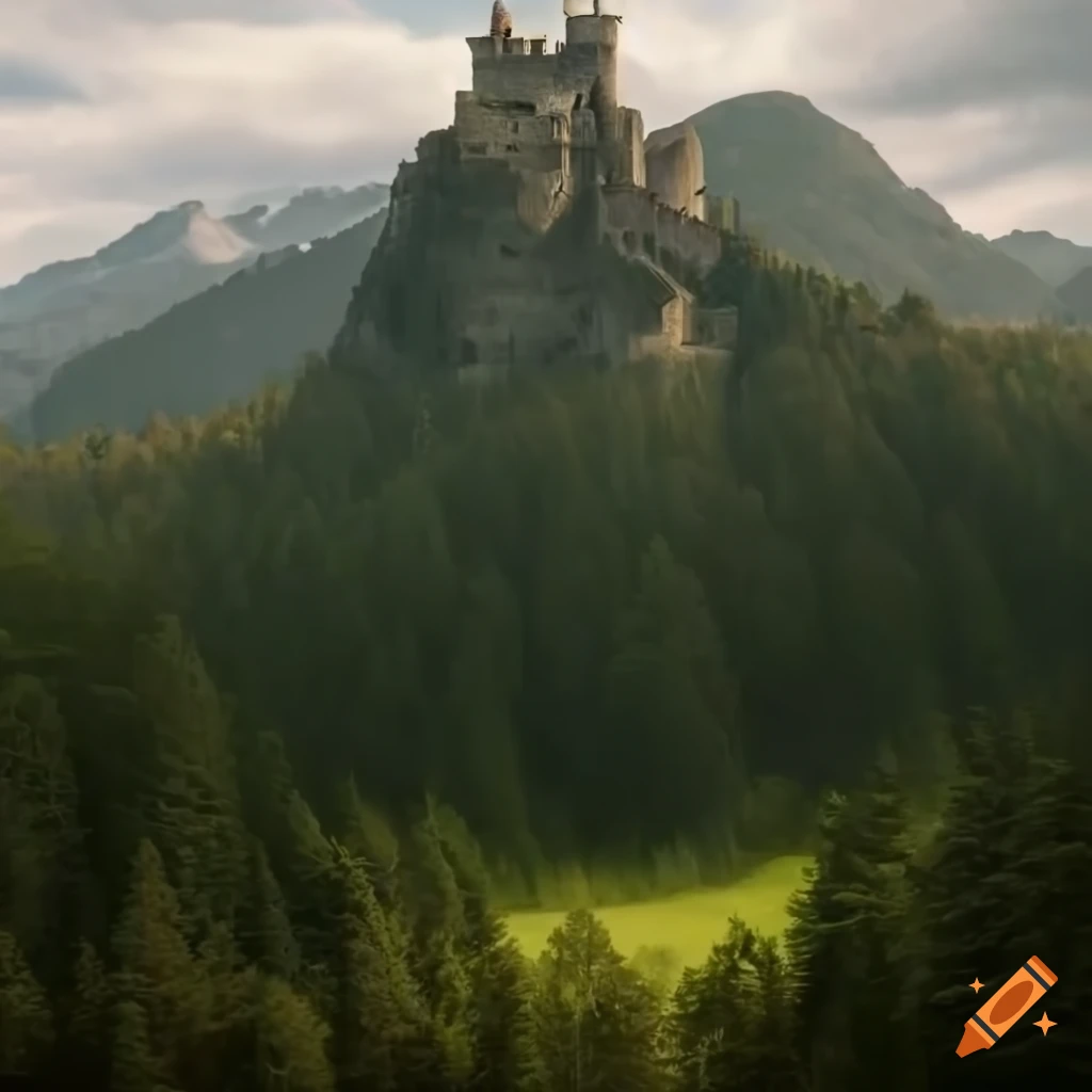 Hyperrealistic medieval castle surrounded by forest and mountains on ...