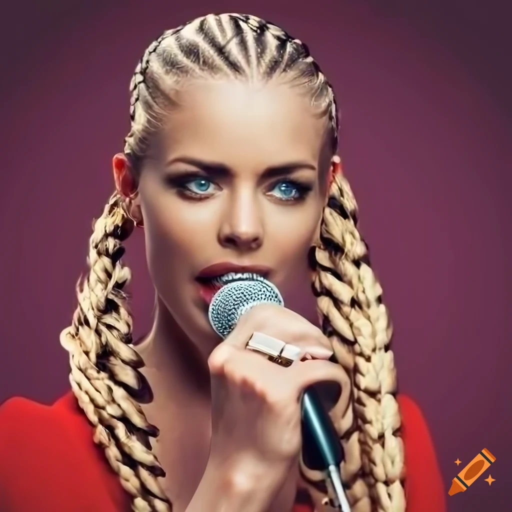 Woman with blonde hair singing into a microphone on Craiyon