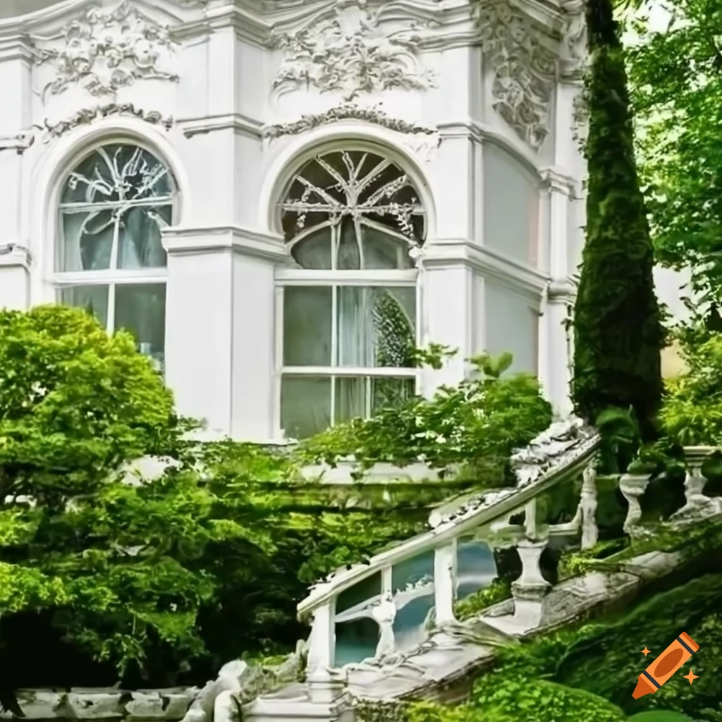 Luxurious rococo-style staircase in a white garden on Craiyon