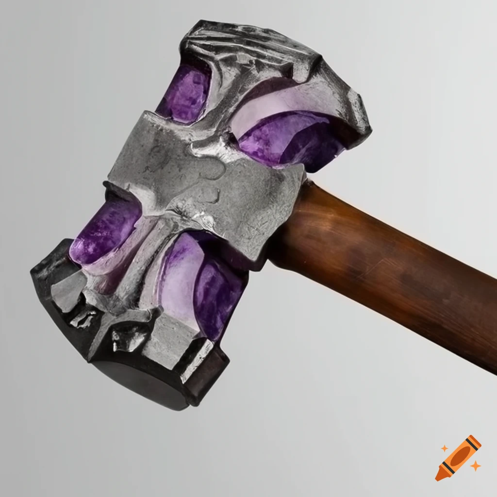 War hammer with a long carved handle and amethyst hammerhead on Craiyon