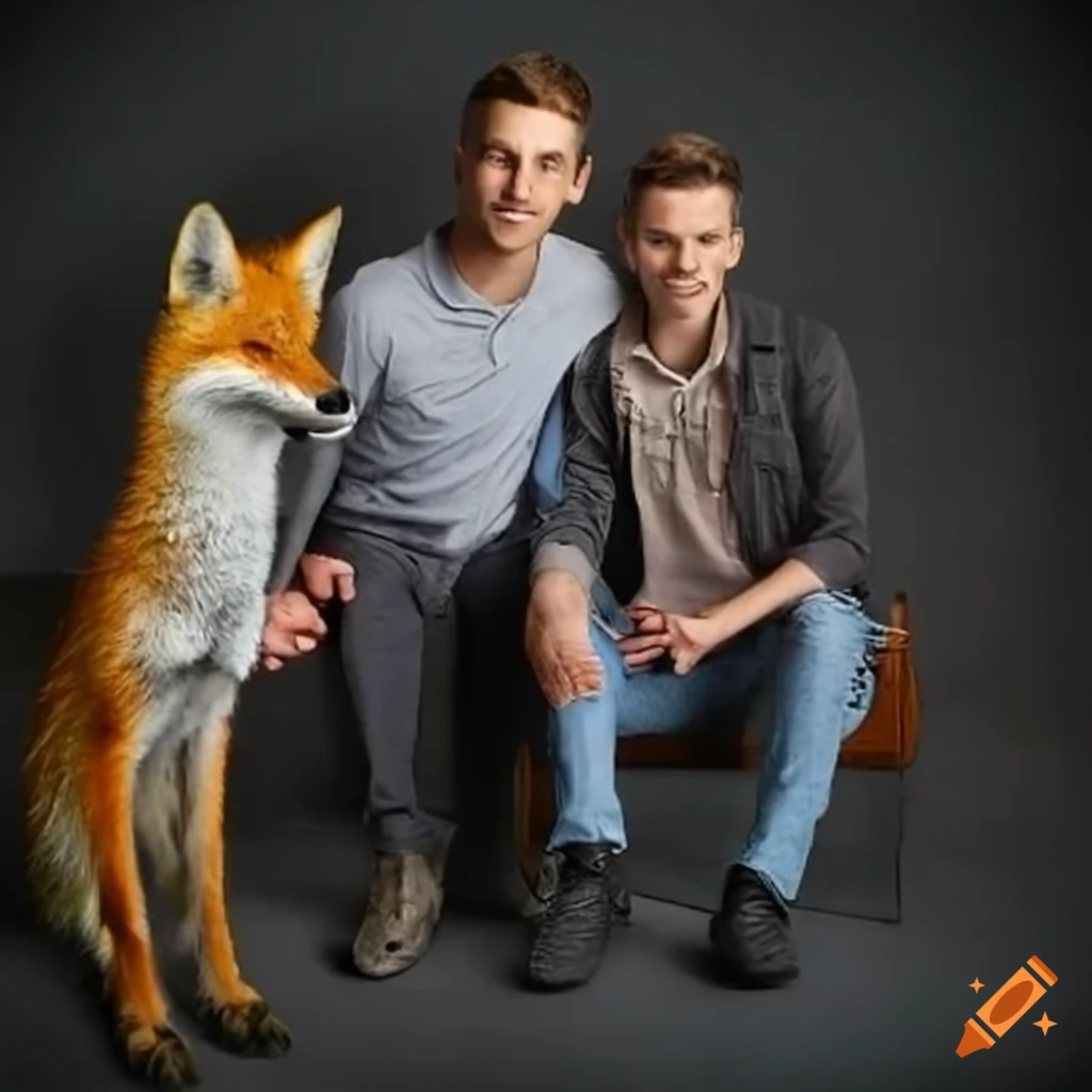 Men posing with a fox for a family picture