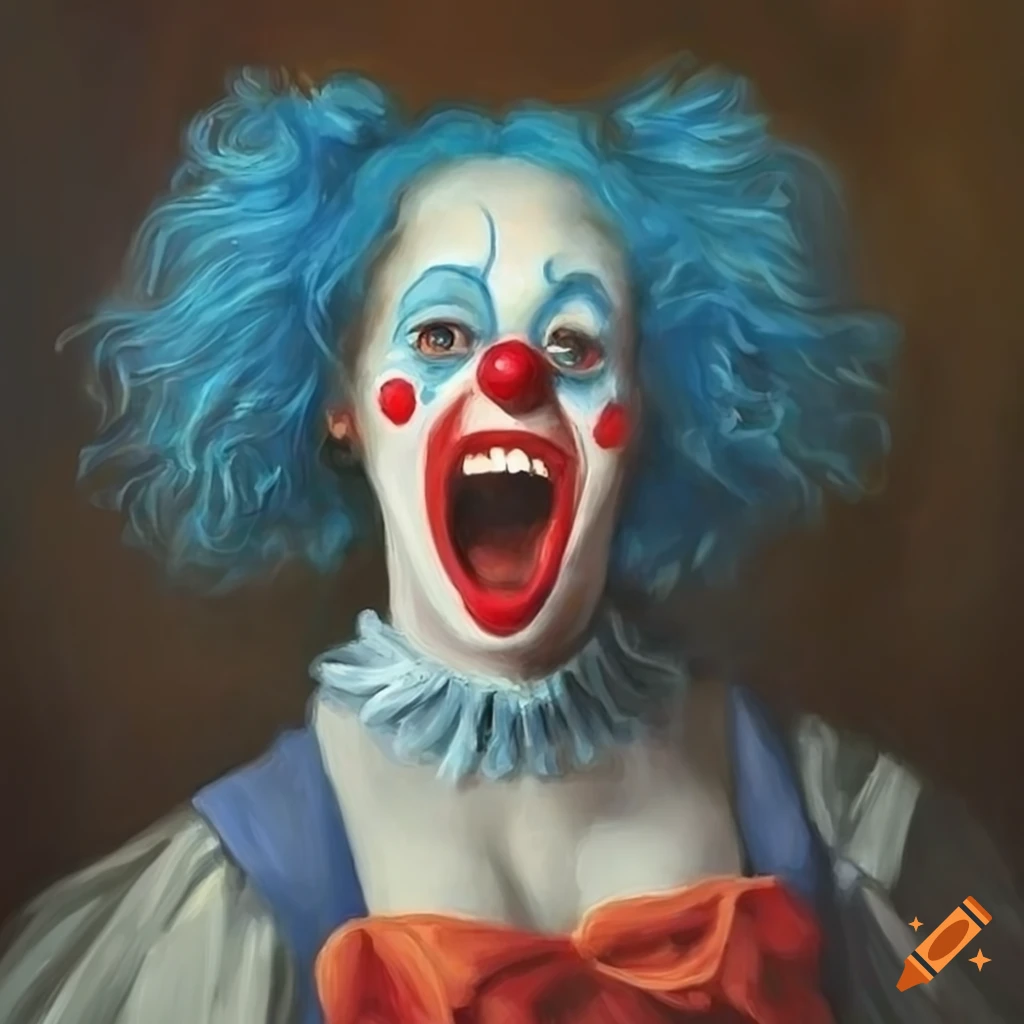 Portrait of a screaming female clown with blue hair and red nose on Craiyon