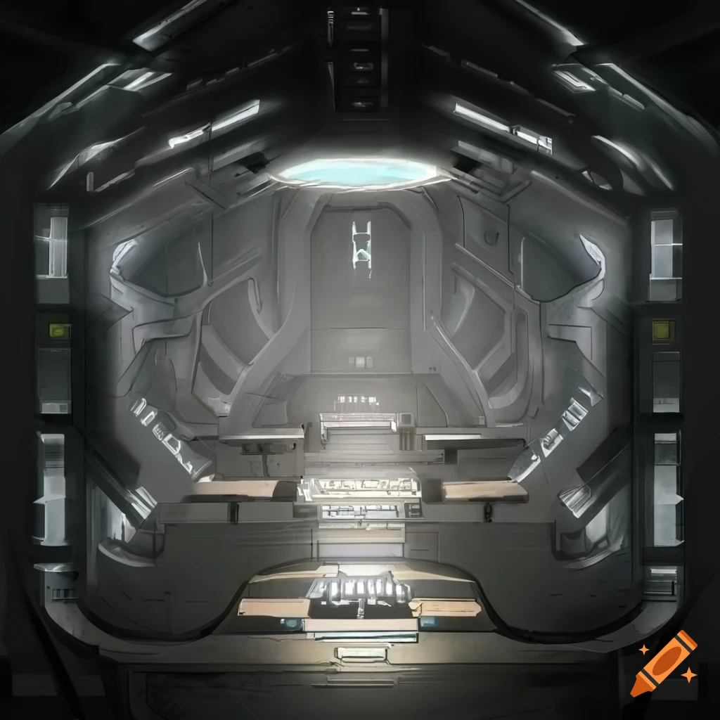 Table-top view of a futuristic spaceship hallway