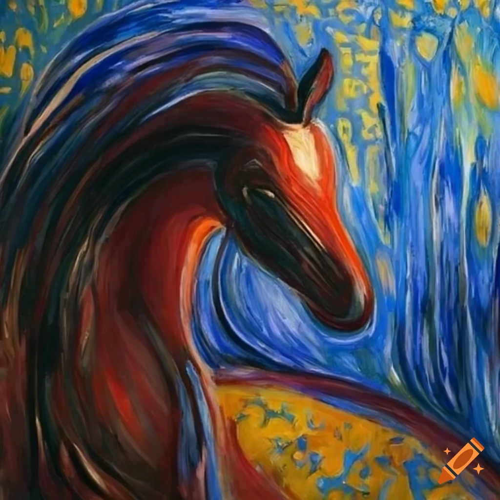 Red and blue horses in a forest with yellow and blue flowers, inspired ...