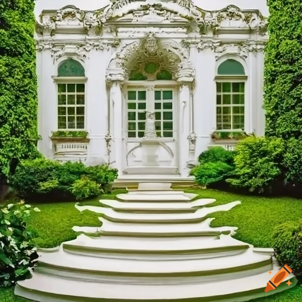 Luxurious rococo-style staircase in white stucco garden on Craiyon