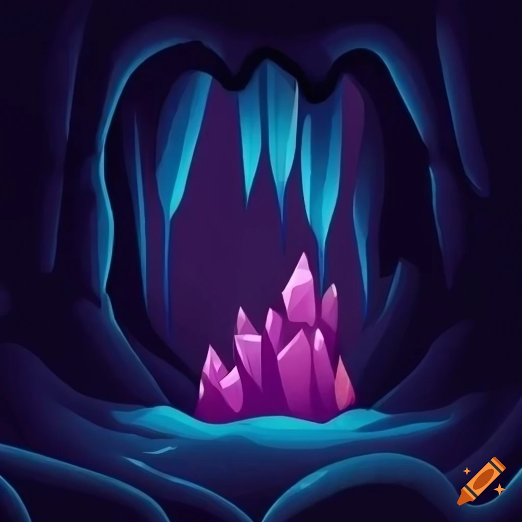 Cartoonish artwork of a glowing cave with crystals