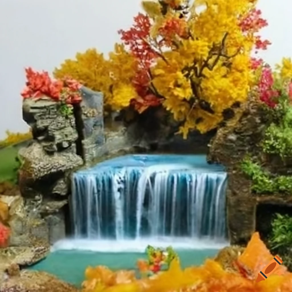 Miniature diorama with a waterfall and lake in autumn on Craiyon