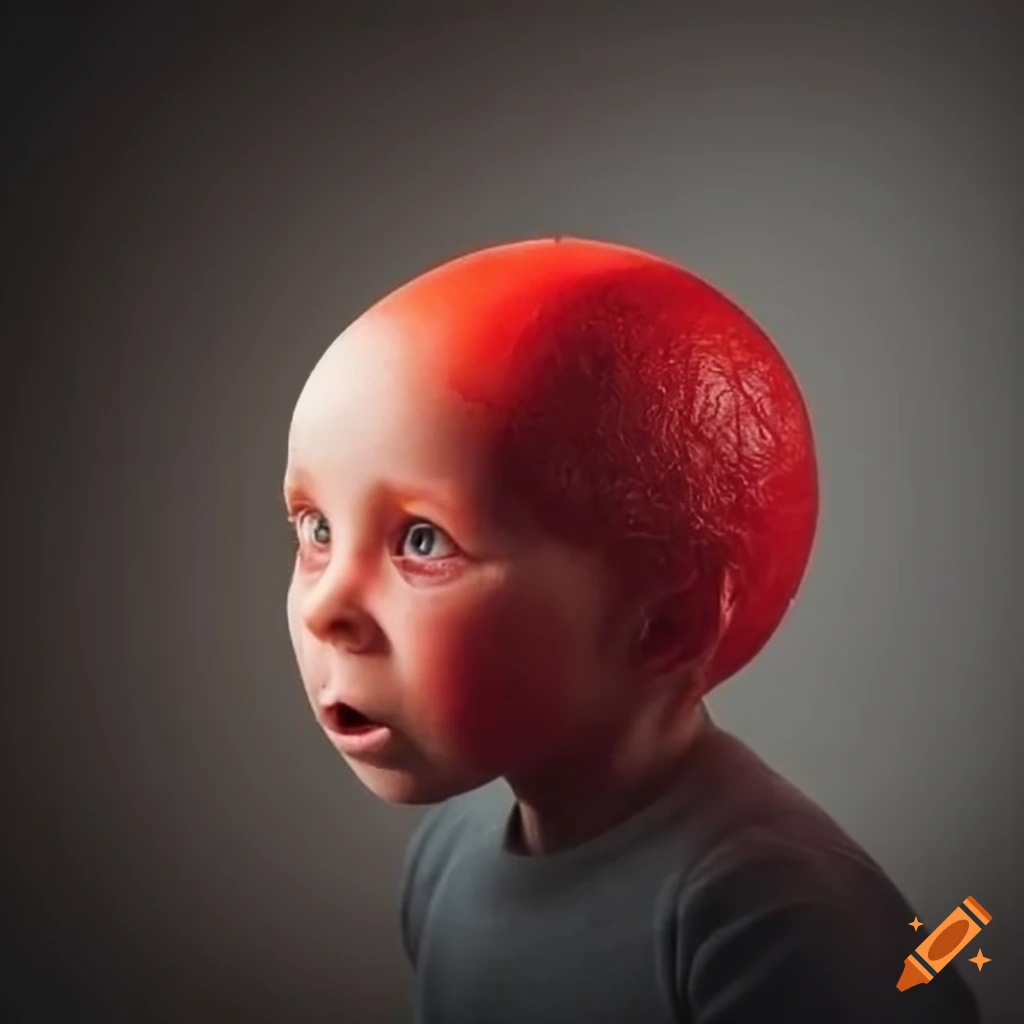 Scary illustration of child with red rubber ball as head on Craiyon