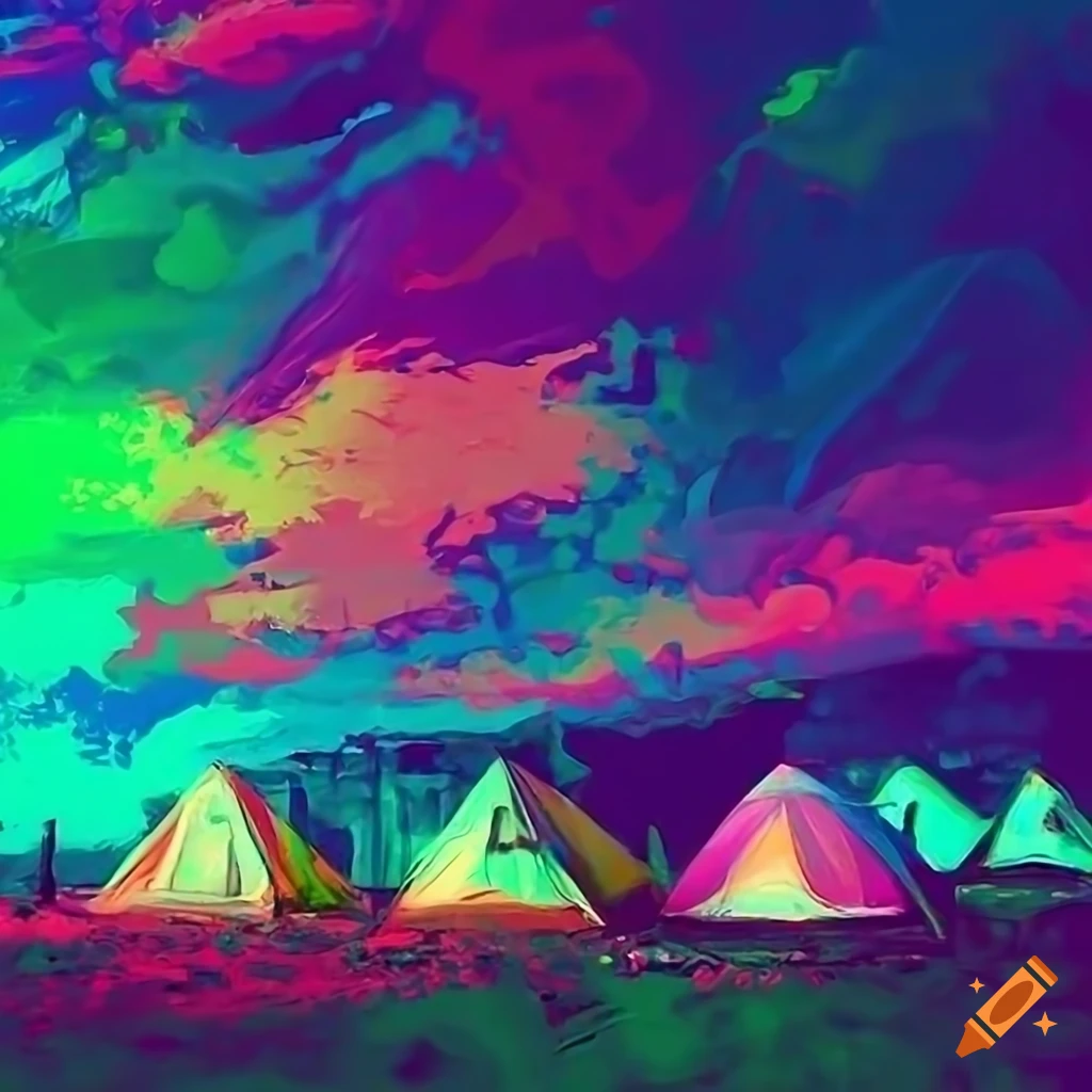 Colorful and trippy tent city on Craiyon