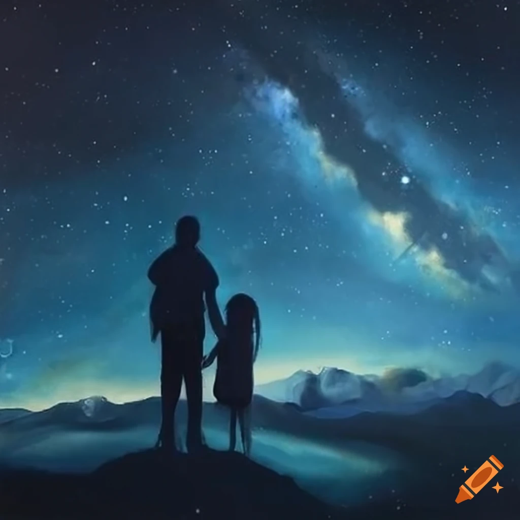 Painting of a father and daughter stargazing on Craiyon