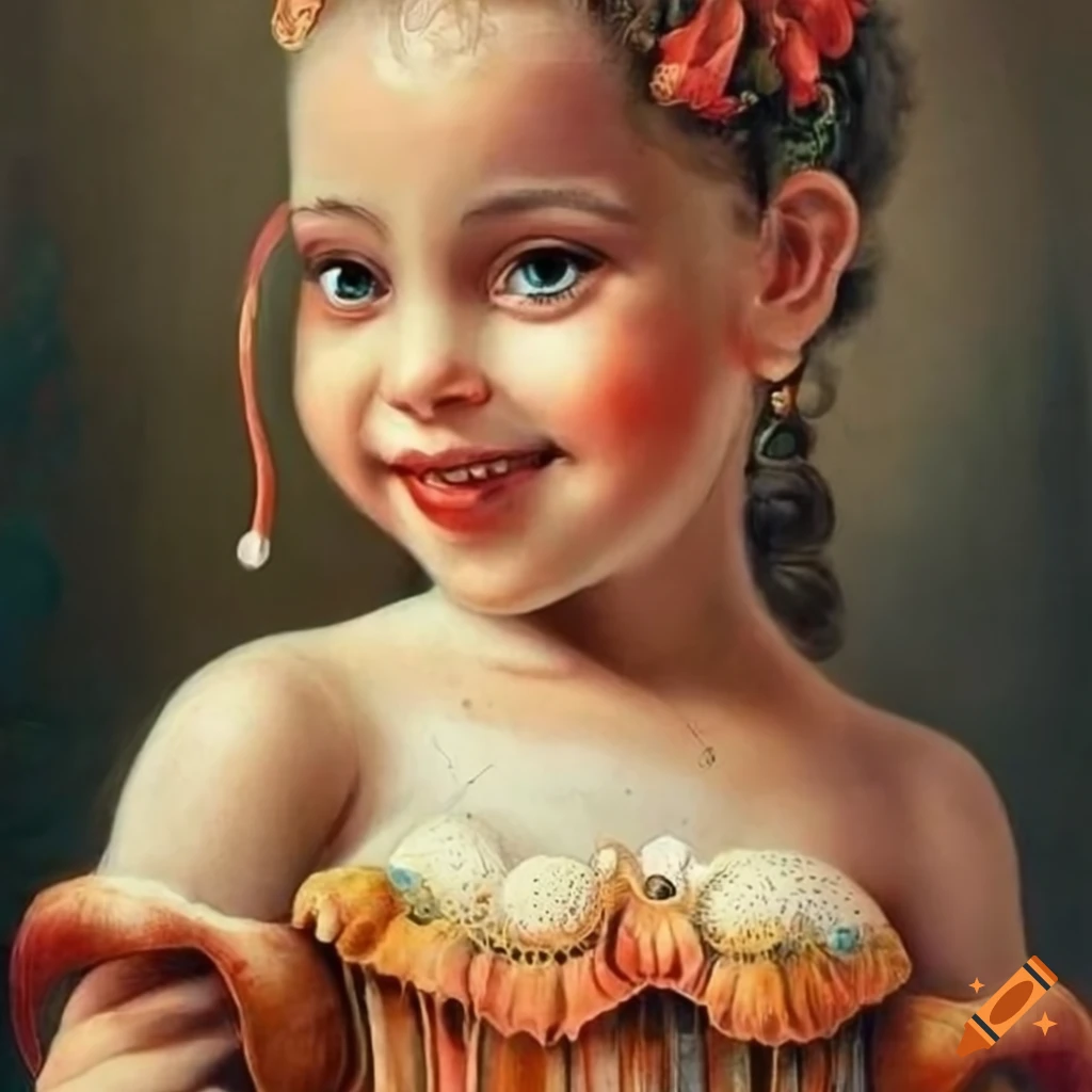 Oil painting of smiling girls with unique embellishments