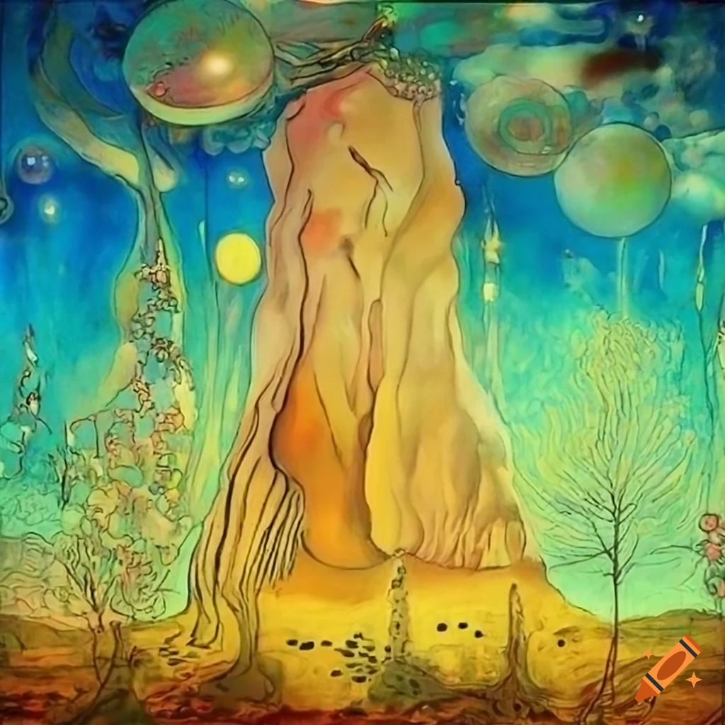 Surreal artwork featuring vibrant planets and floating dandelion trees ...