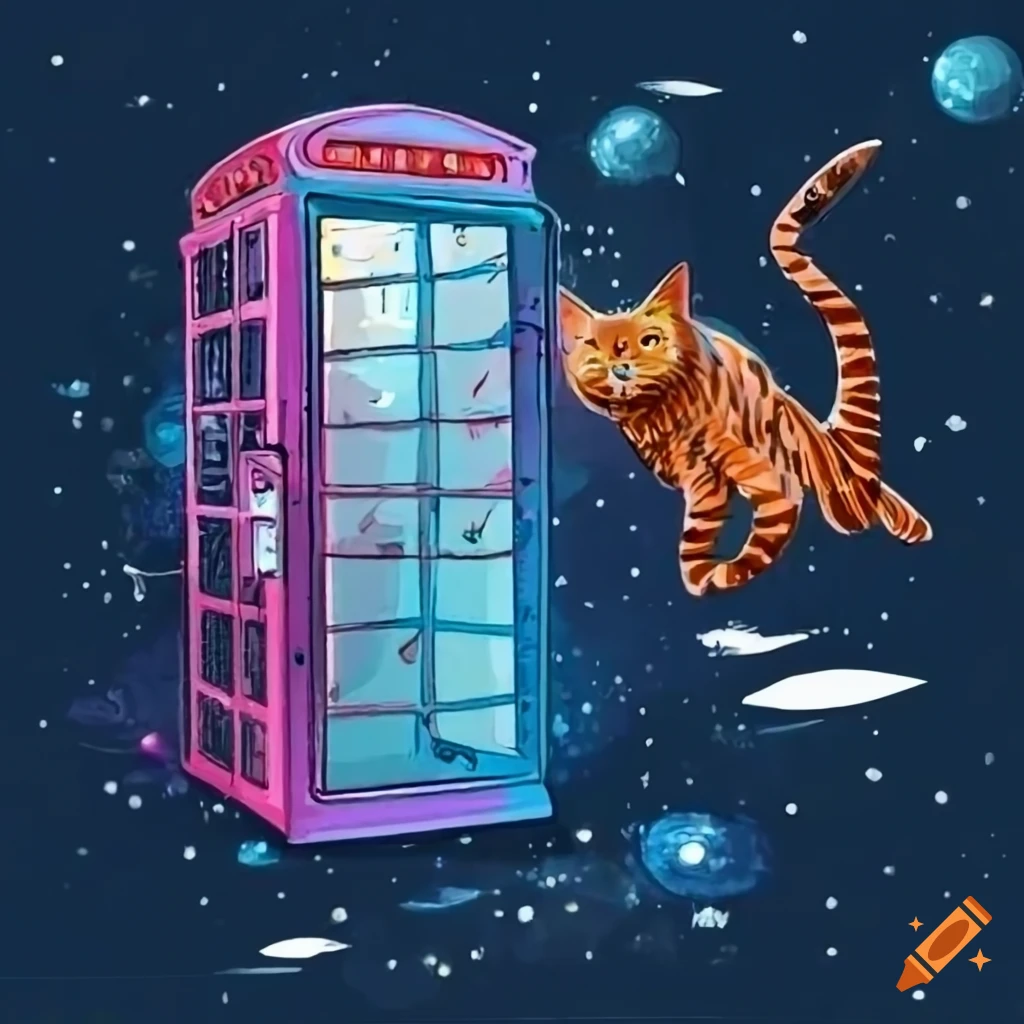 Illustration of cats in a phone booth flying in space on Craiyon
