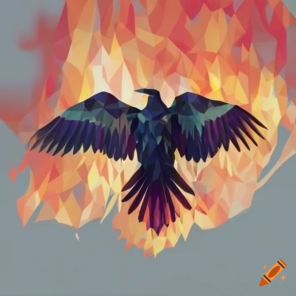 Polygon art of a raven with flaming wings on Craiyon