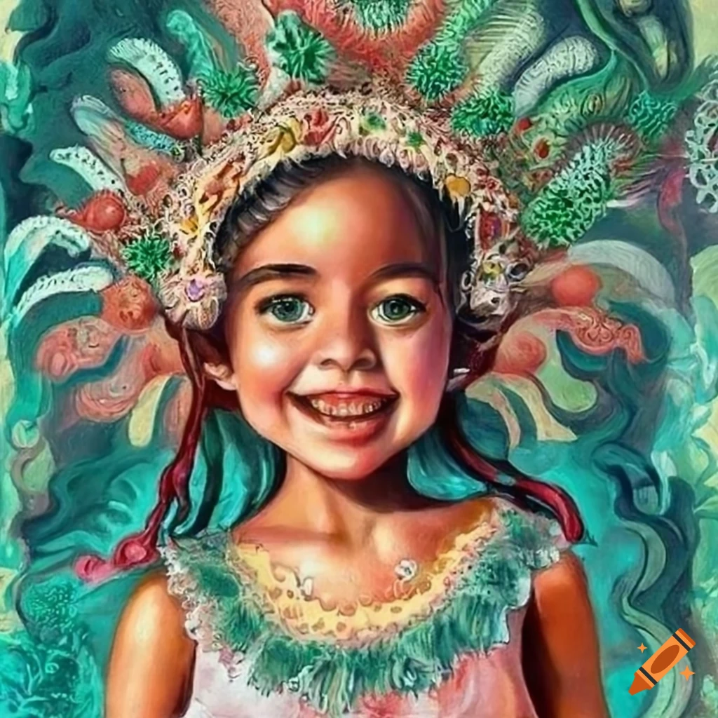 Oil painting of smiling girls with unique embellishments