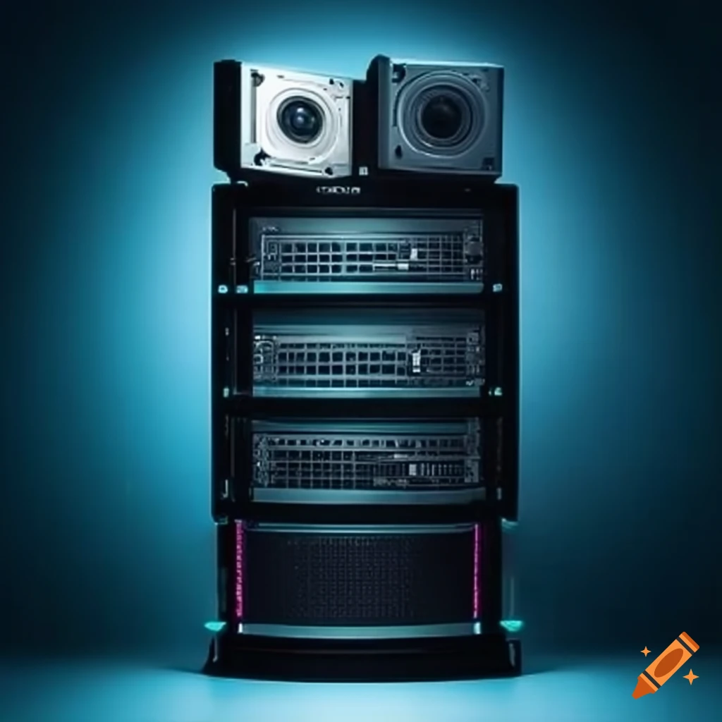 Server rack with security cameras and speakers on Craiyon