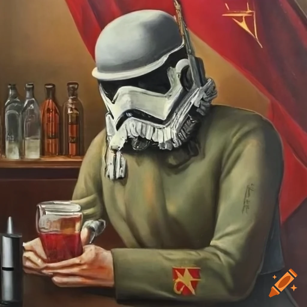 Vintage soviet war poster with a storm trooper holding a cocktail on ...