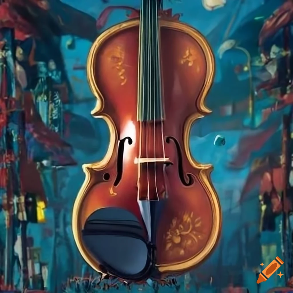 Melting violin with bow in surreal fantasy landscape with fairies on ...
