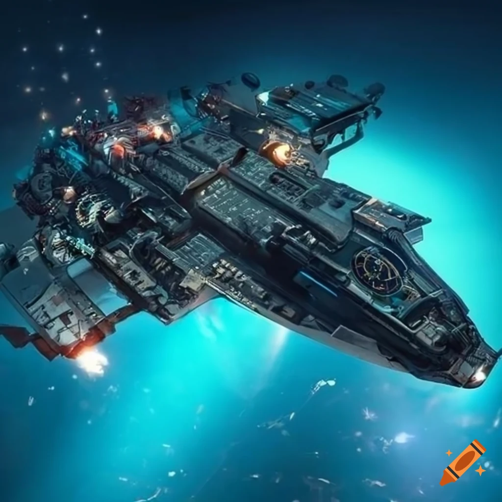 Detailed spaceship with working engines in space on Craiyon