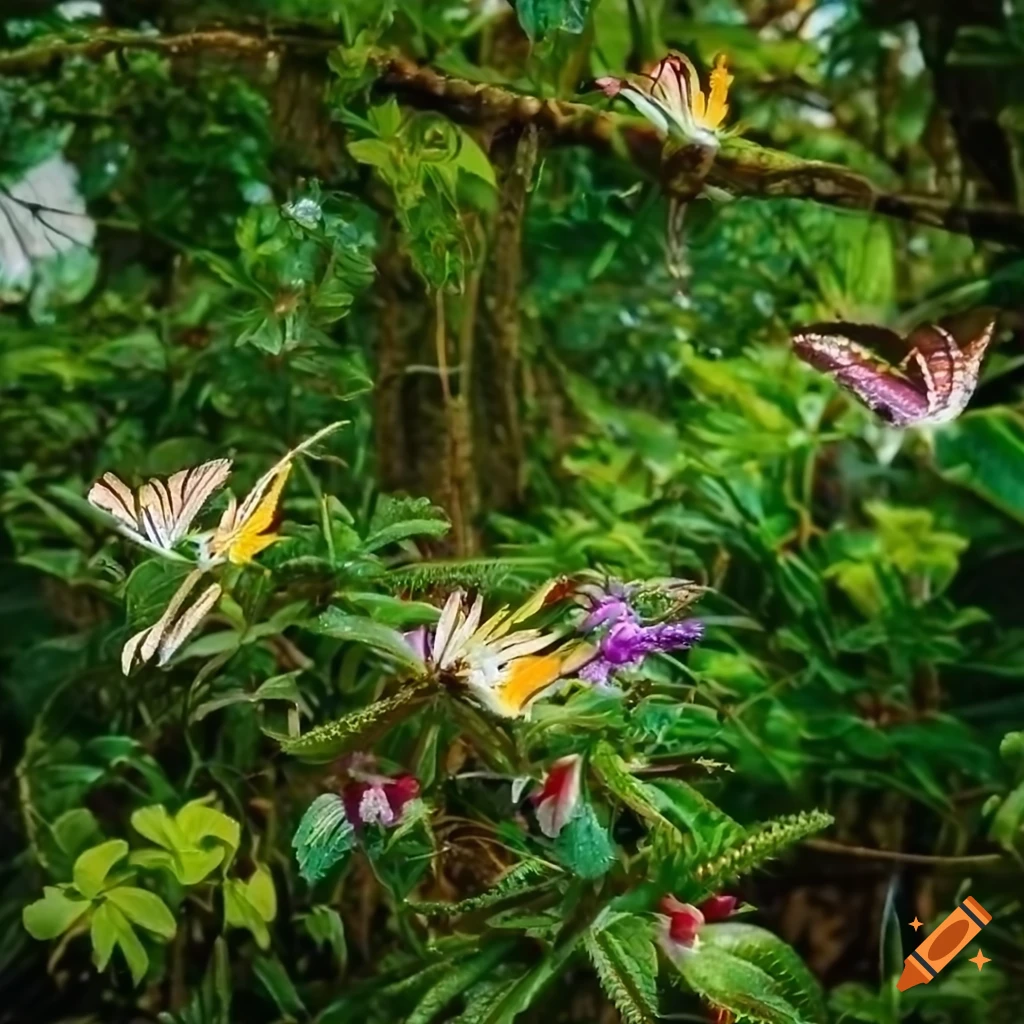 Butterflies on a tree in a lush jungle on Craiyon