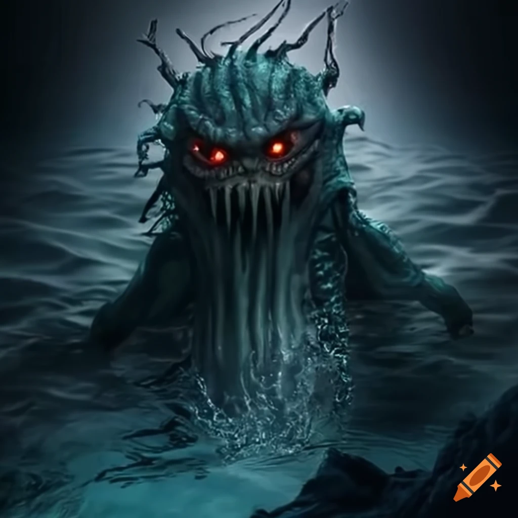 Dark evil monster in water with flashlight on Craiyon