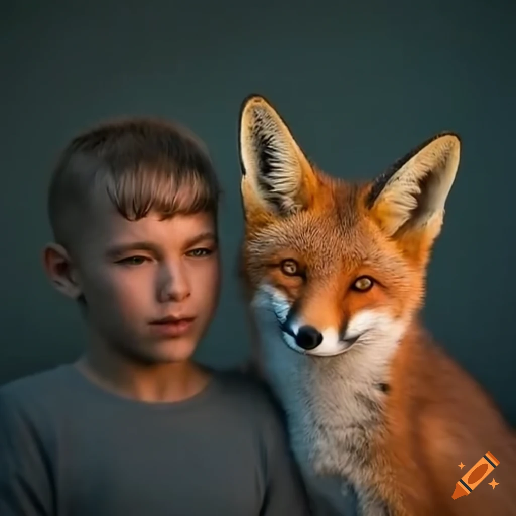 Men posing with a fox for a family picture