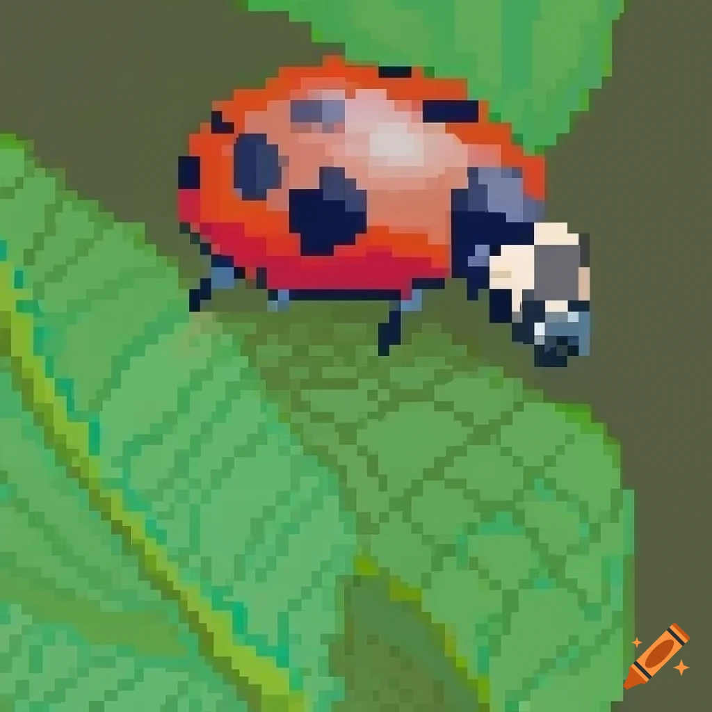 Pixel art of a ladybug on a green leaf on Craiyon