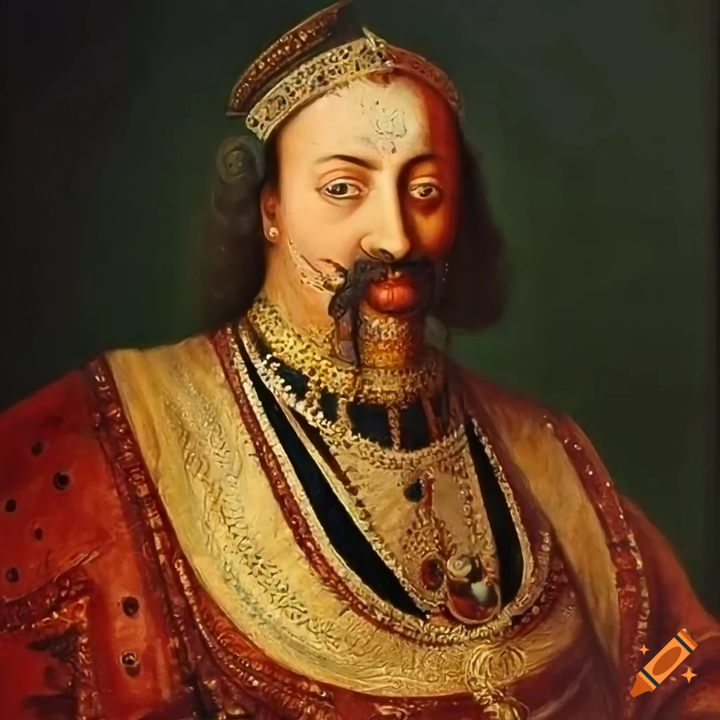 Vermeer style painting of a tamil king in red military uniform and ...