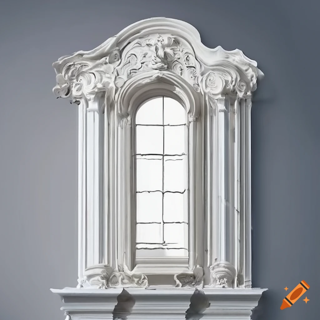 Ornate white palace window with stucco ornaments on Craiyon